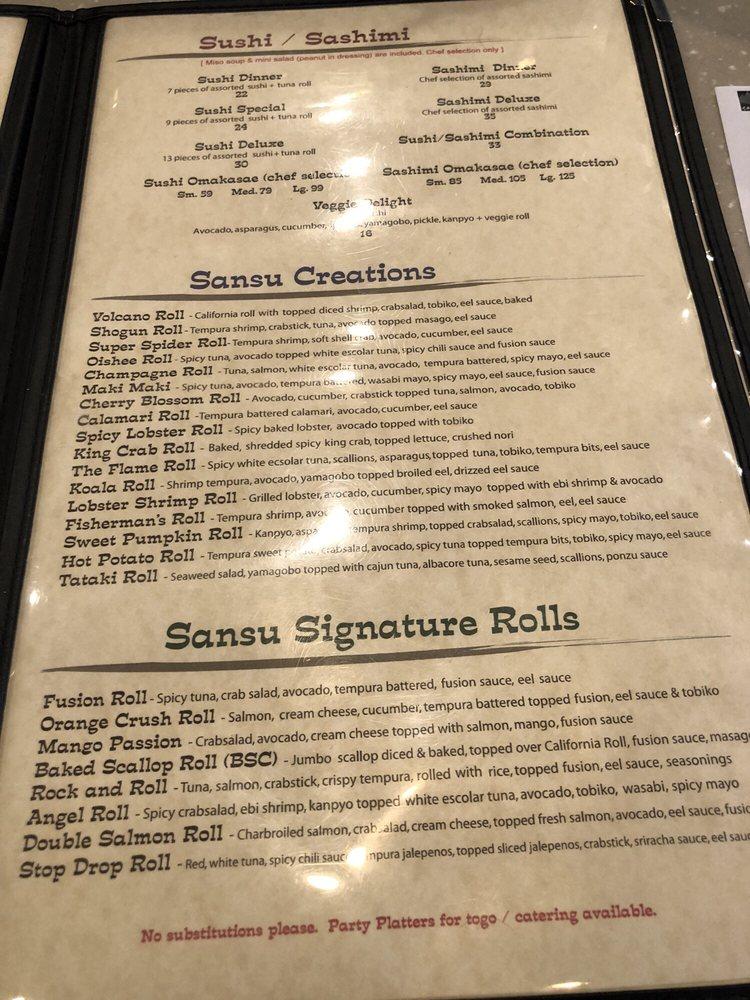Menu at Sansu Sushi and Cocktails restaurant, East Lansing