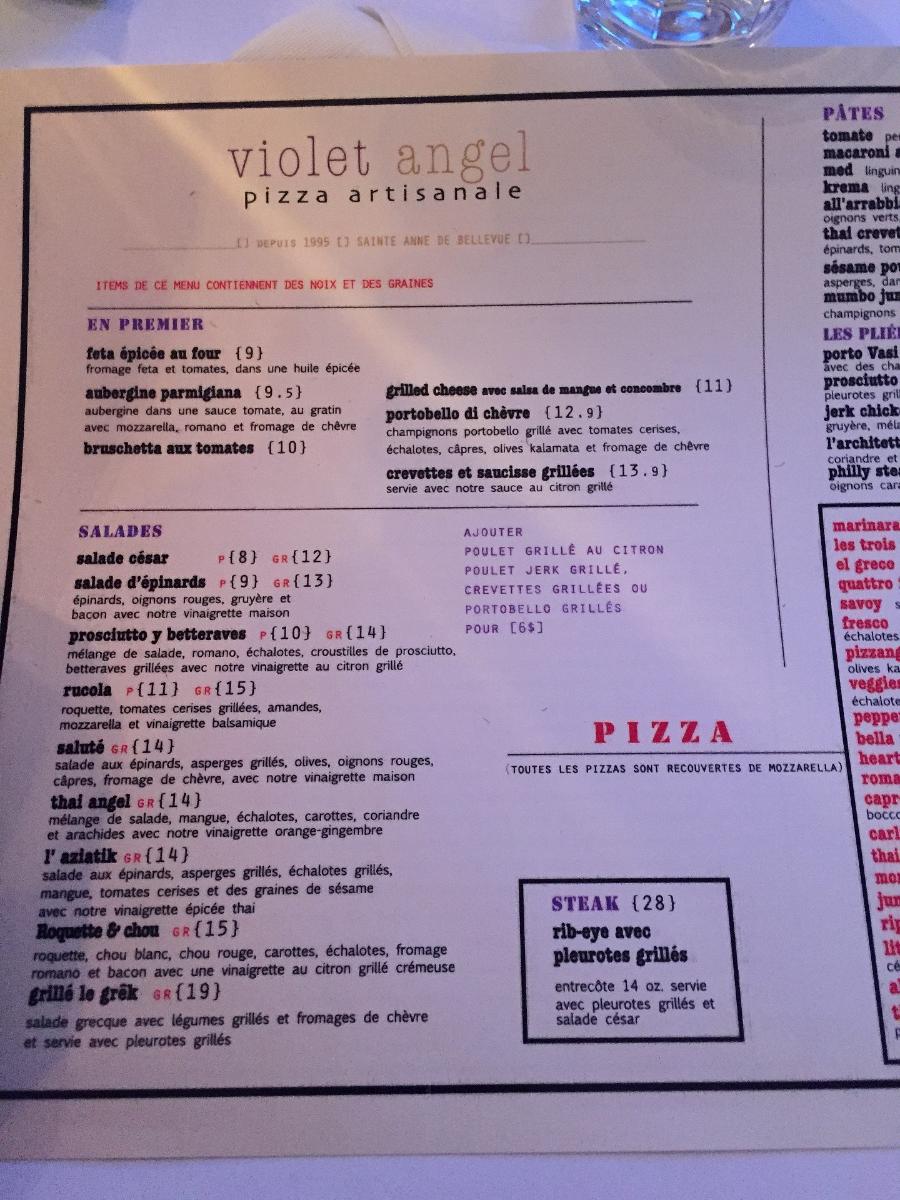 Menu at Restaurant Violet Angel, Sainte-Anne-de-Bellevue