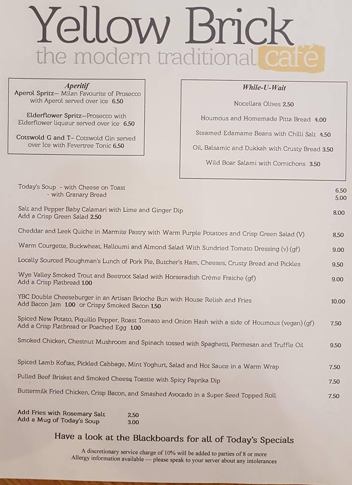 Menu at Yellow Brick Bistro restaurant, Moreton-in-Marsh