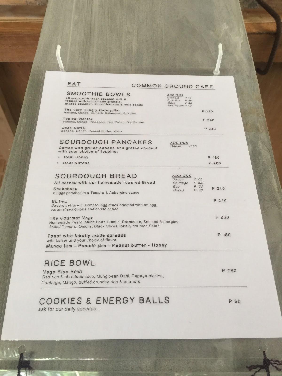 Menu at Common Ground restaurant, San Isidro