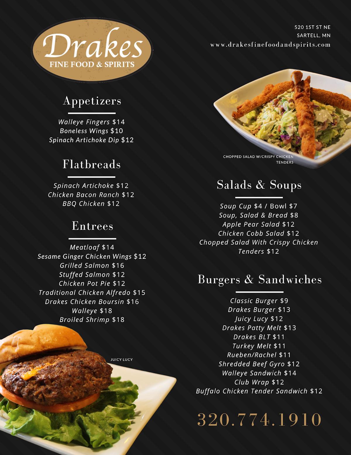 Menu at Drakes Fine Food & Spirits pub & bar, Sartell