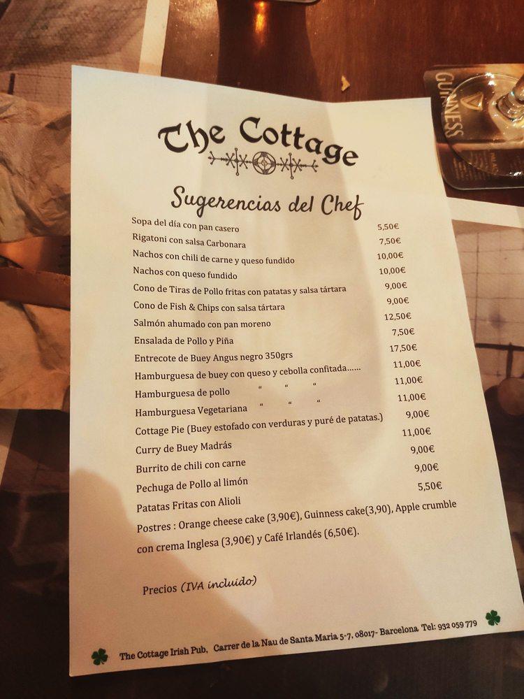 Menu at The Cottage Irish Pub, Barcelona