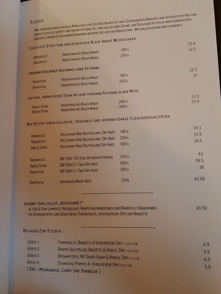 Menu at Beef Room 61 steakhouse, Munich