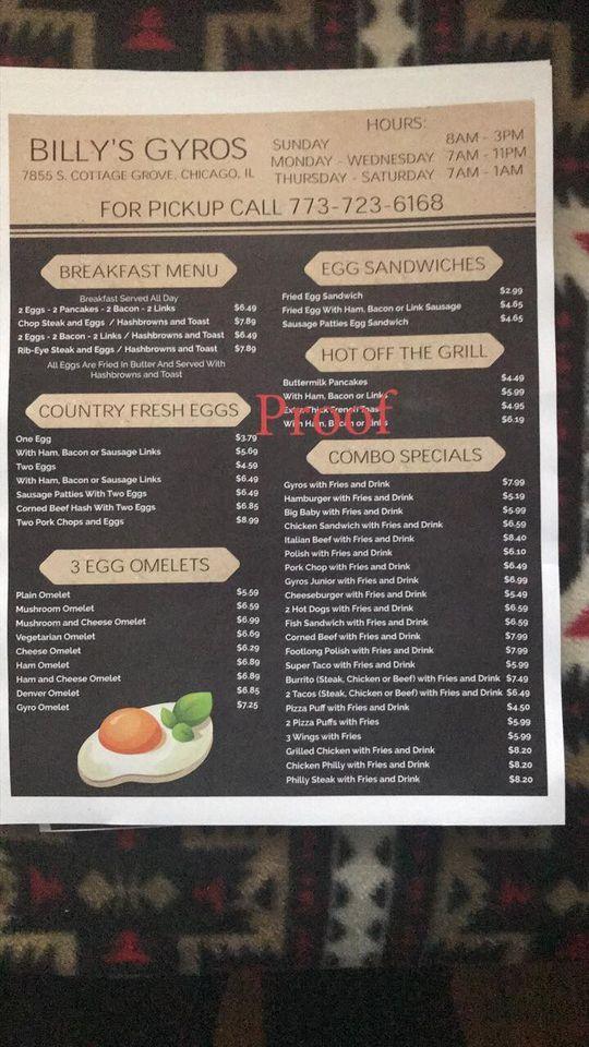 Menu at Billy's Gyros restaurant, Chicago