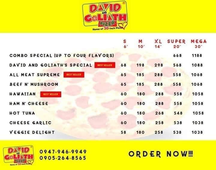 Menu at David & Goliath's Pizza restaurant, Calapan, C57M+HQX