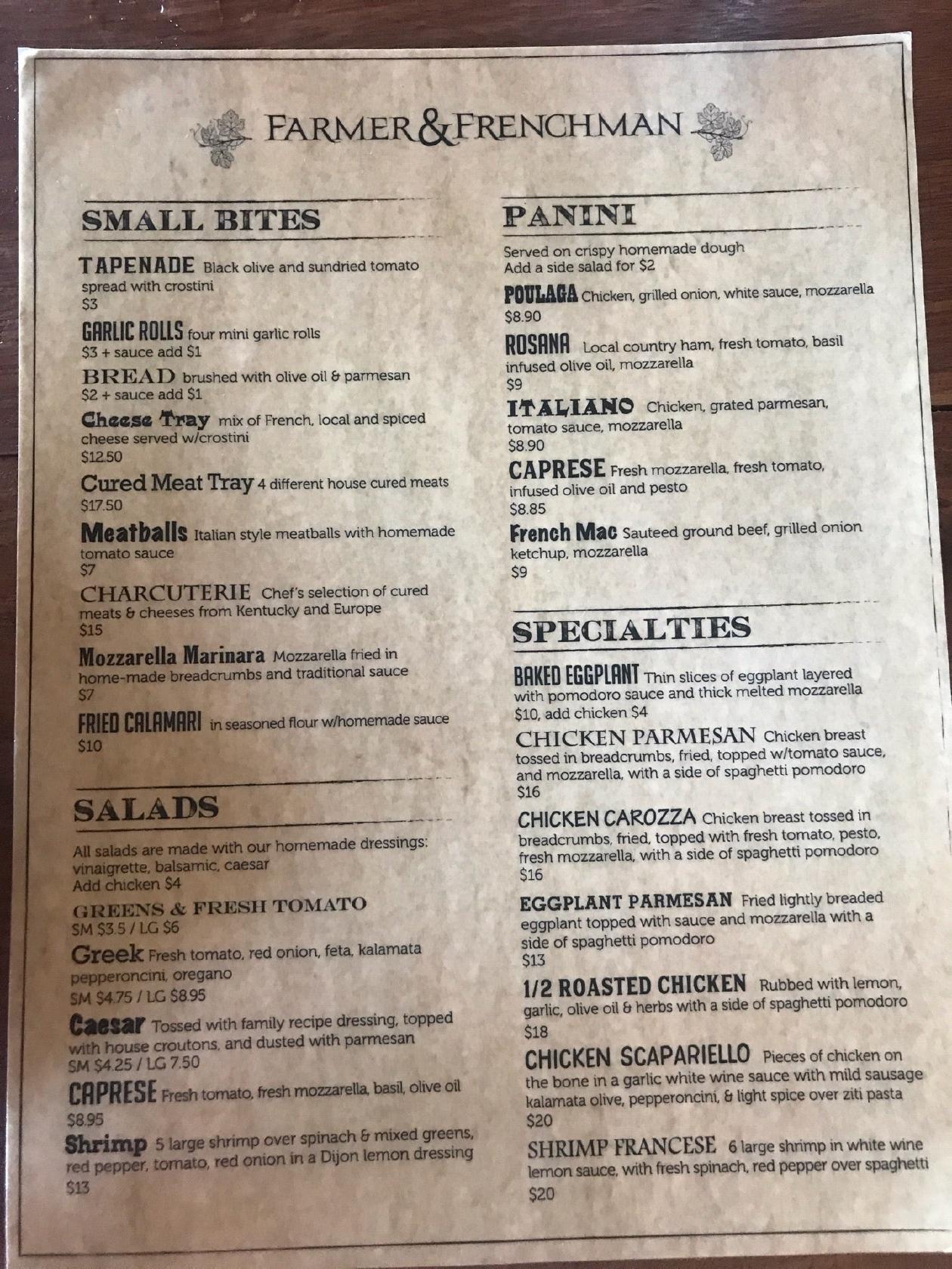 Menu at Farmer and Frenchman Winery & Cafe, Henderson, US-41