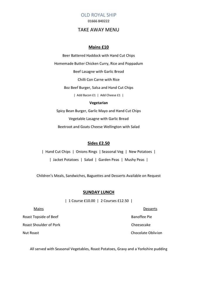 Menu at Old Royal Ship pub & bar, England
