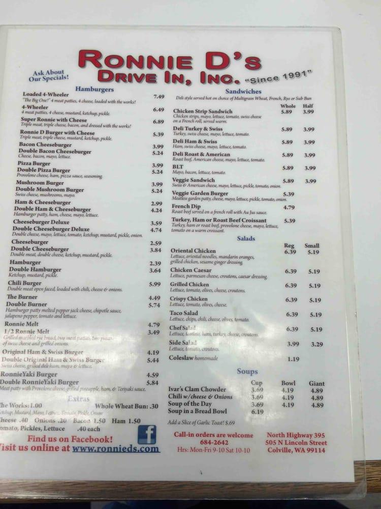 Menu at Ronnie D's Drive In fast food, Colville