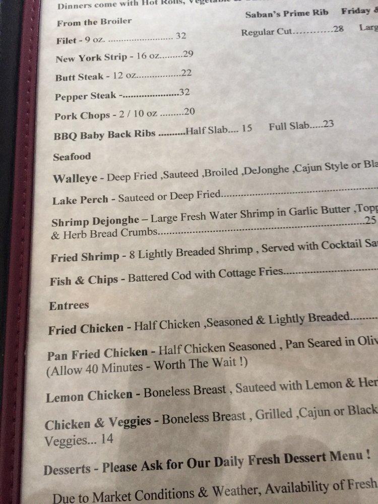 Menu at Saban's Place steakhouse, Hodgkins