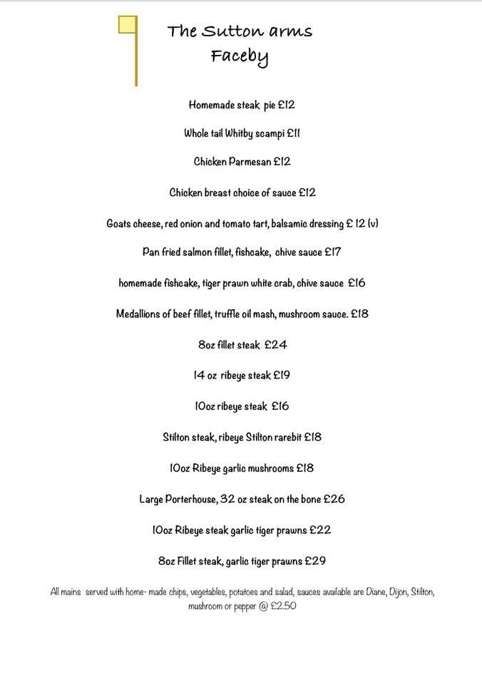 Menu at The Sutton Arms Faceby restaurant, Faceby, Mill Lane