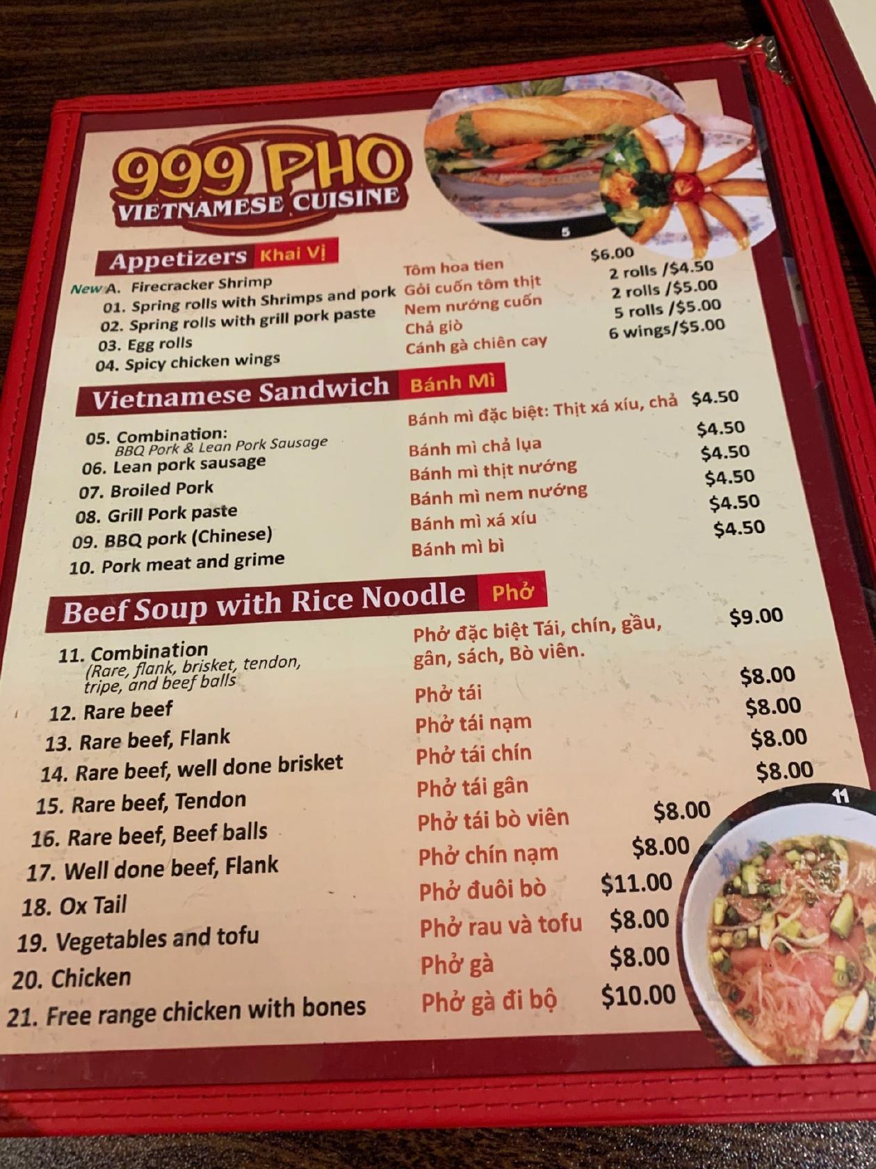 Menu at 999 Phở restaurant, Reno, Kietzke Ln