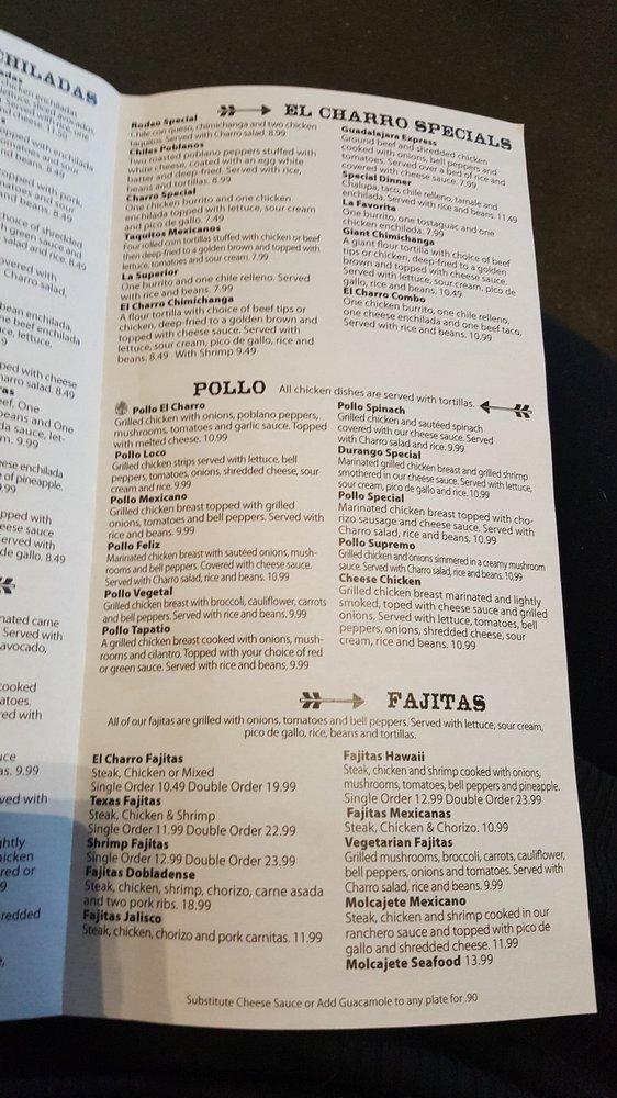 Menu at El Charro restaurant, Neosho