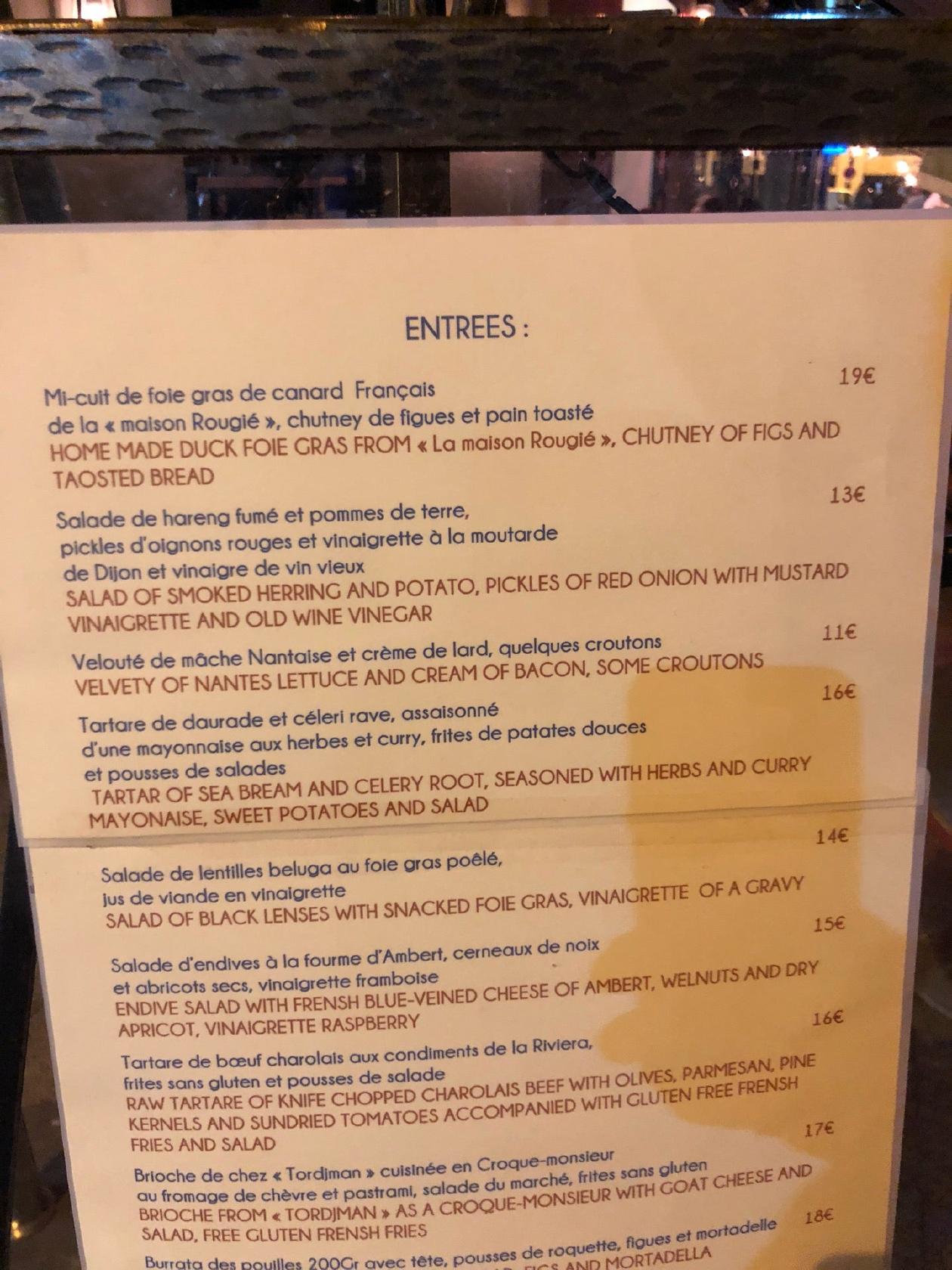 Menu at Le Cirque cafe, Cannes