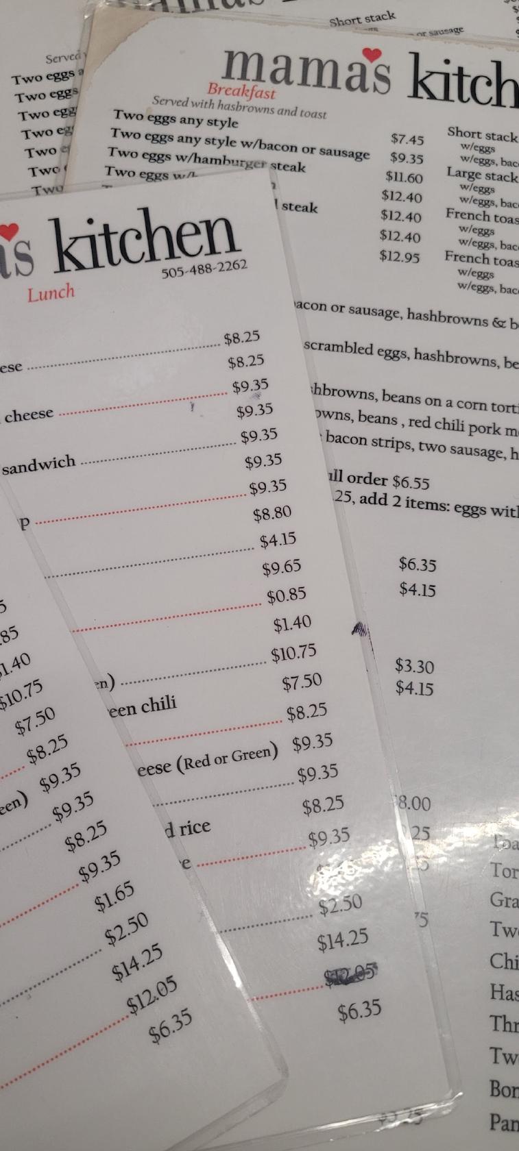 Menu at Mama's Kitchen restaurant, Gallup