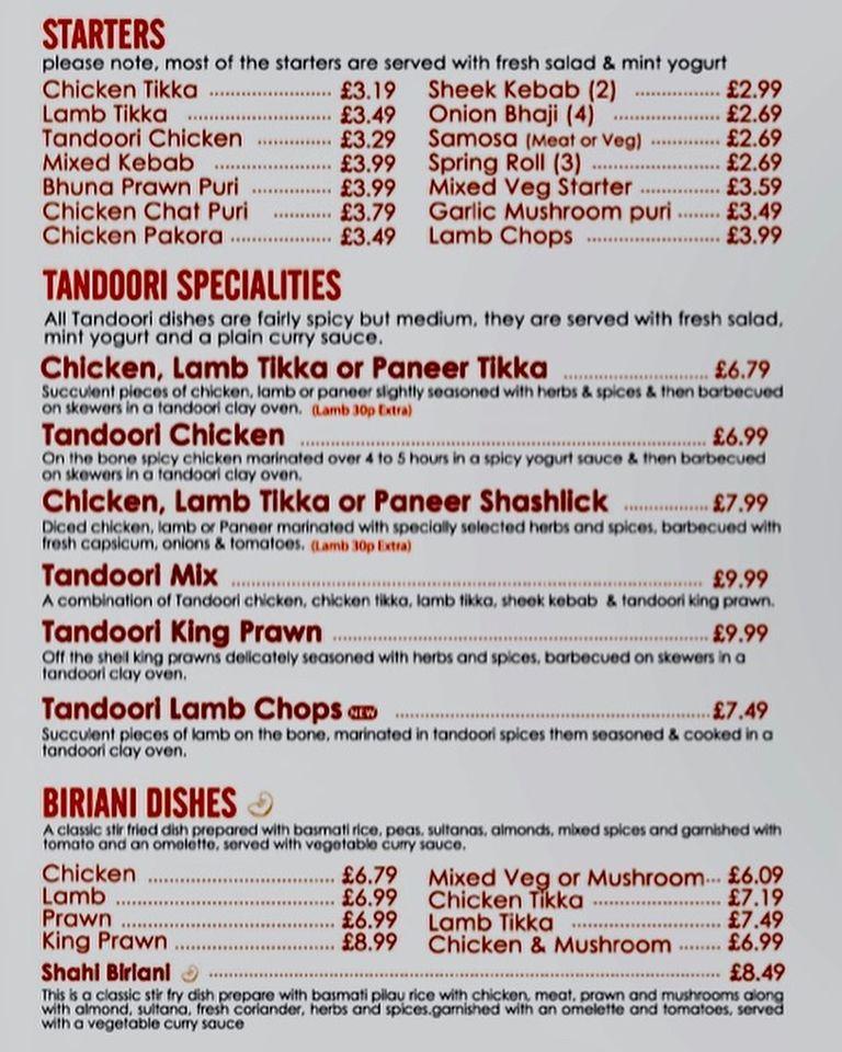 Menu at Millennium Tandoori fast food, Heswall