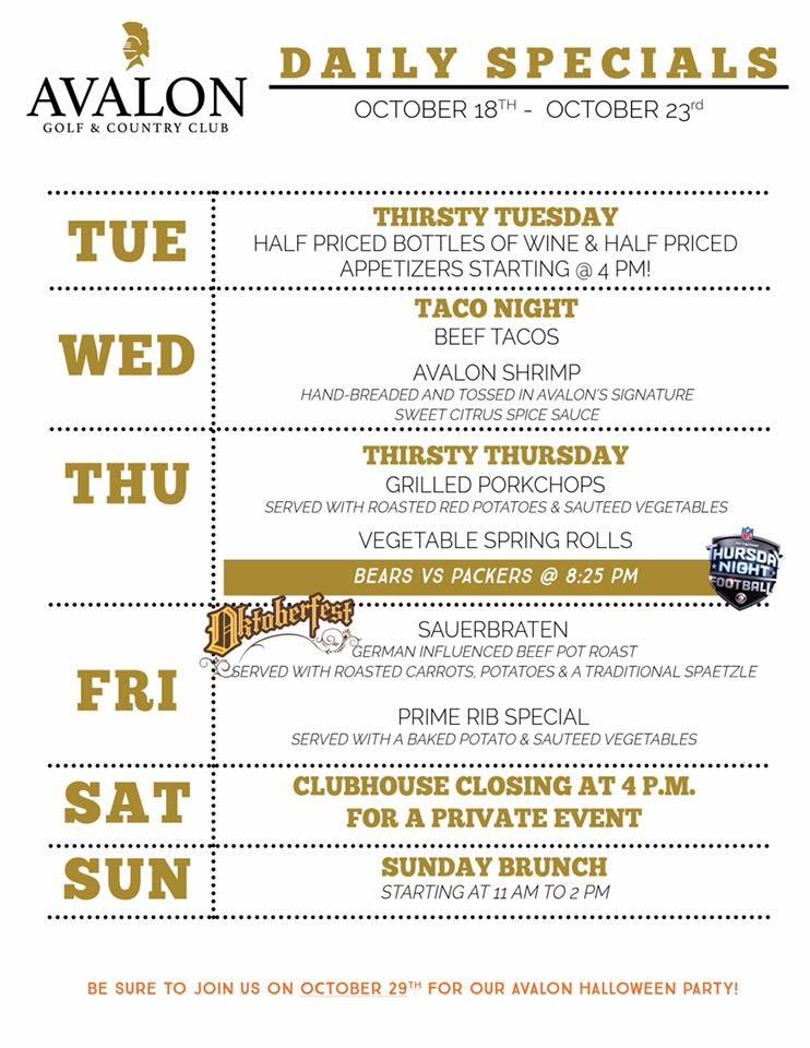 Menu at Avalon Grille restaurant, Lenoir City