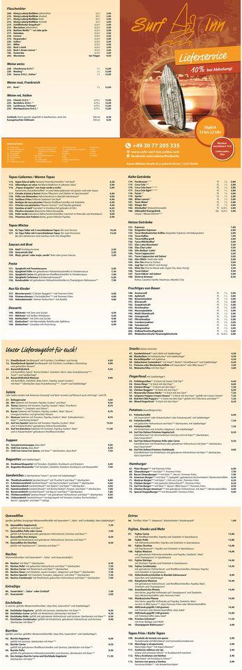 Menu at Café Surf Inn pub & bar, Berlin, Parallelstraße 11