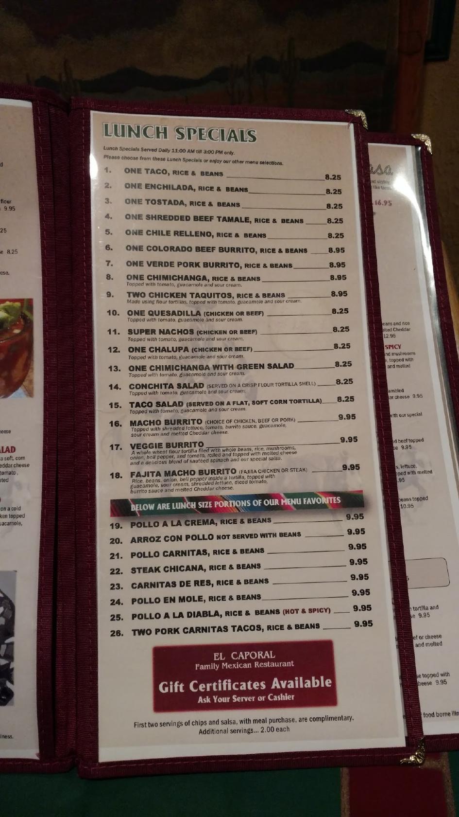 Menu at El Caporal II restaurant, Ellensburg