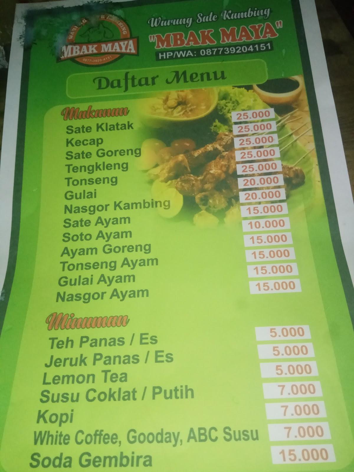 Menu at Goat Satay Mbak Maya restaurant, Bantul