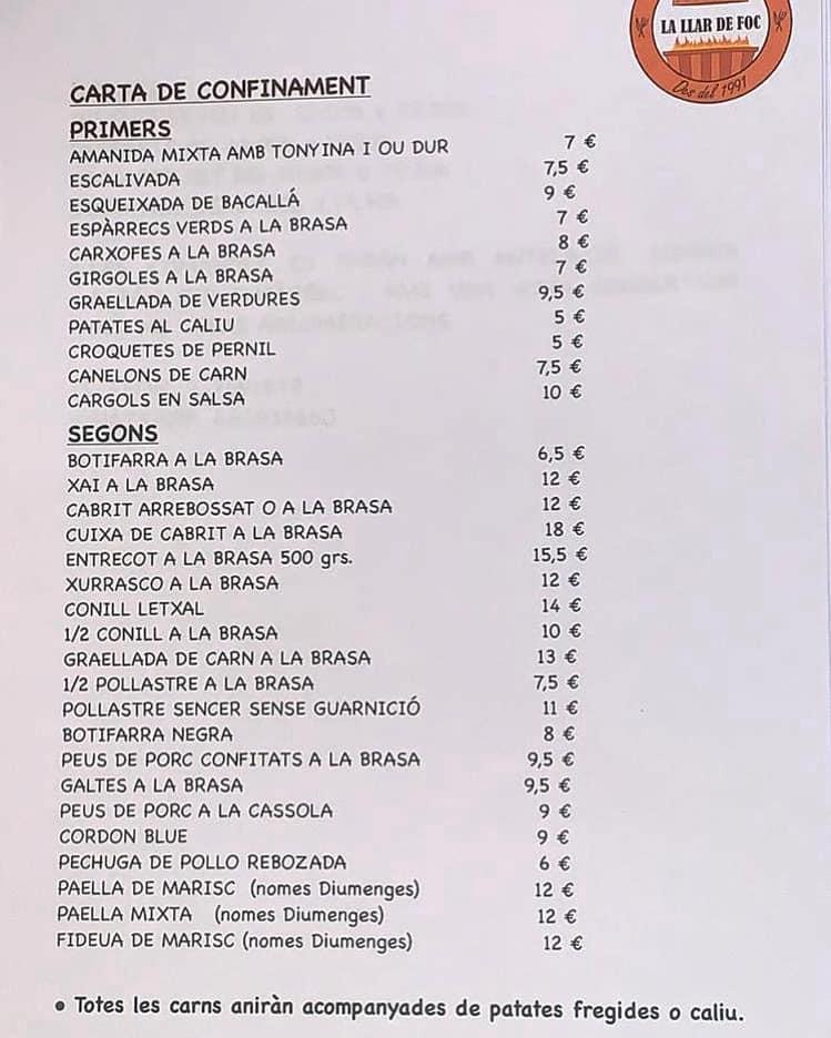 Carta del restaurante La Llar del Foc (Calella), Calella