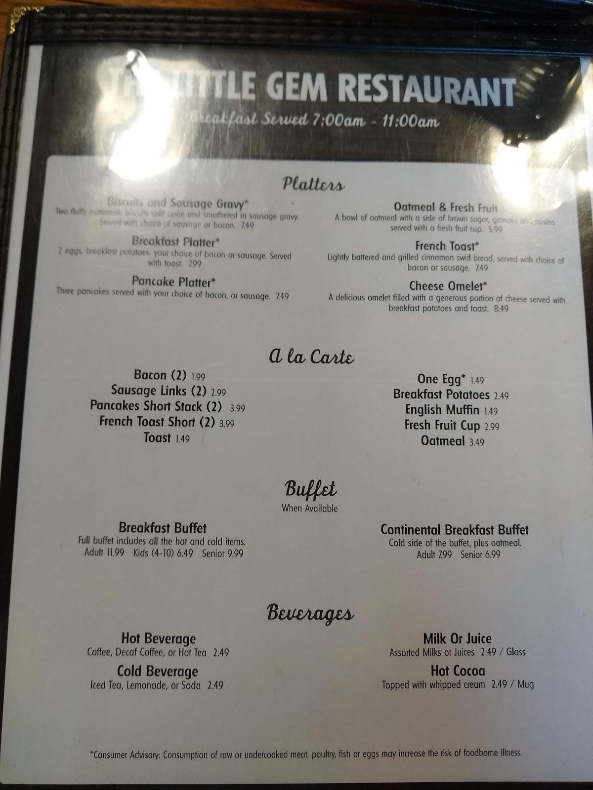Menu at Little Gem Restaurant, Nashville, State Rd 46 W