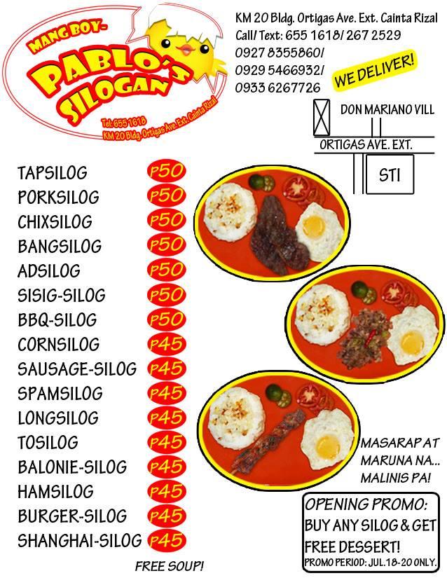 Menu at Mang Boy - Pablo's Silogan restaurant, Cainta