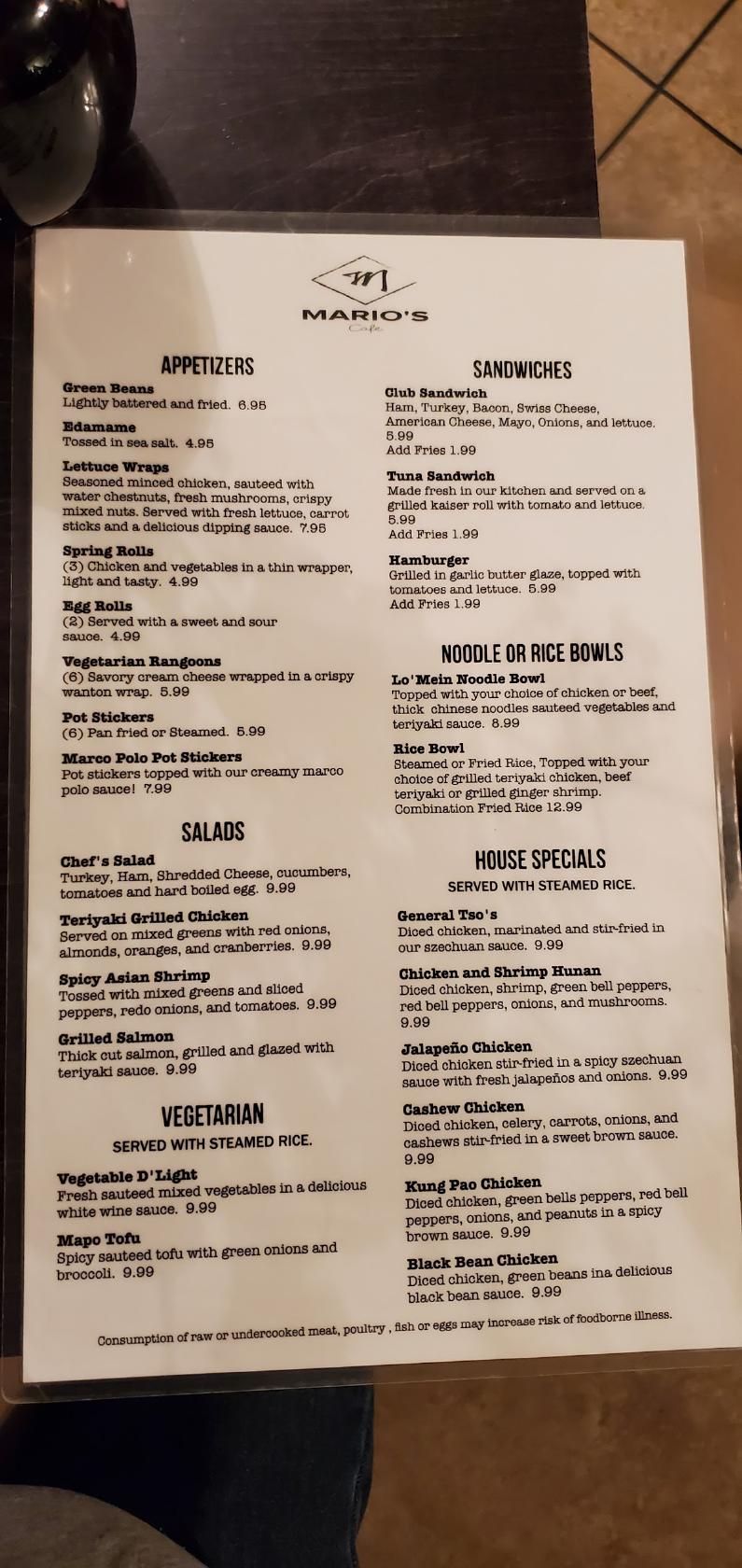 Menu at Mario's Cafe, Holly Lake Ranch