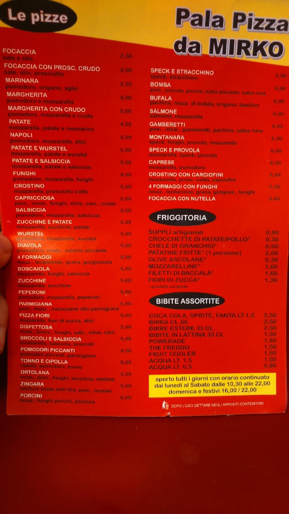 Menu at Pala Pizza da Mirko restaurant, Rome, Via di Torrevecchia