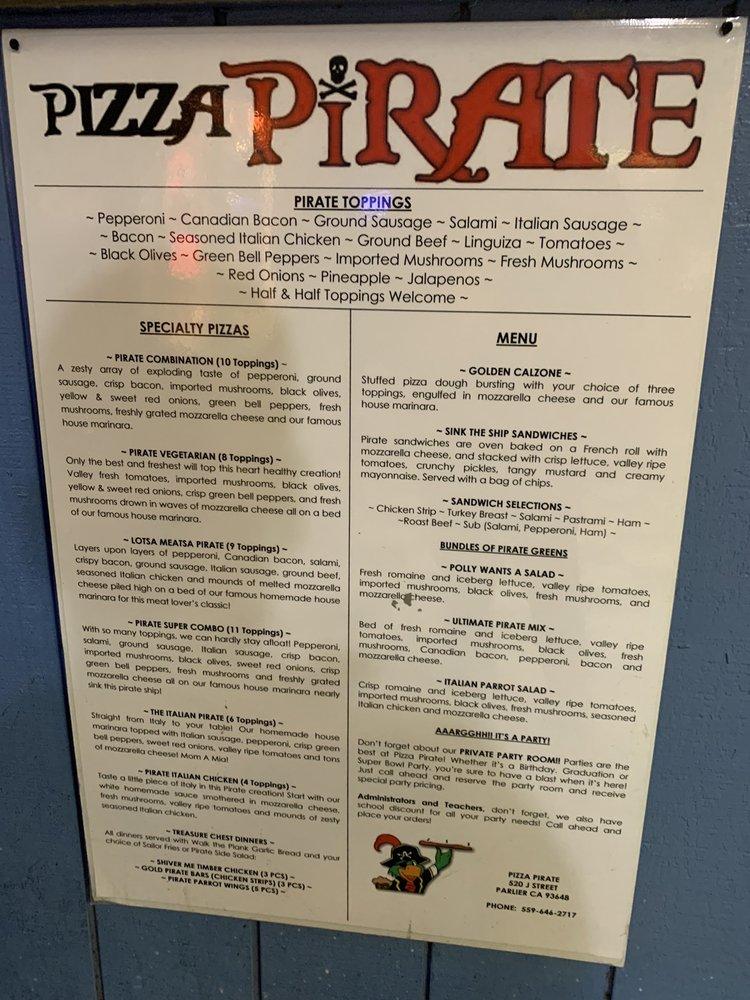 Menu at Pizza Pirate pizzeria, Parlier