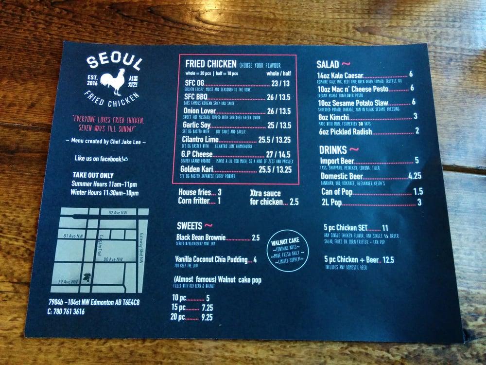 Menu at SFC Seoul Fried Chicken restaurant, Edmonton, b 104 St NW