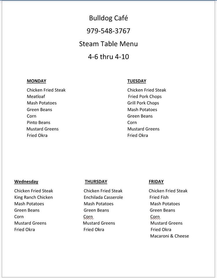 Menu at Bulldog Cafe, Sweeny