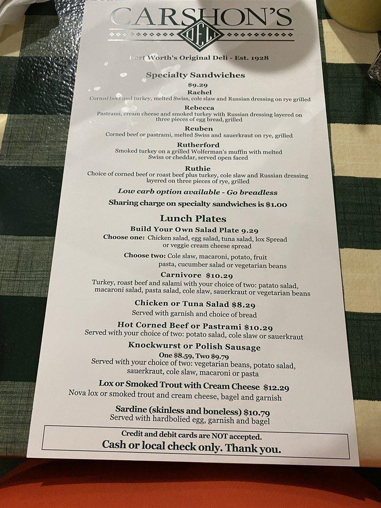 Menu at Carshon's Delicatessen restaurant, Fort Worth