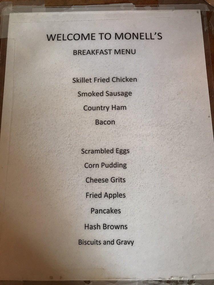 Menu at Monell's At the Manor restaurant, Nashville