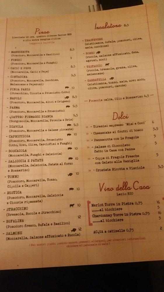 Menu at Osteria Nannarella restaurant, Rome