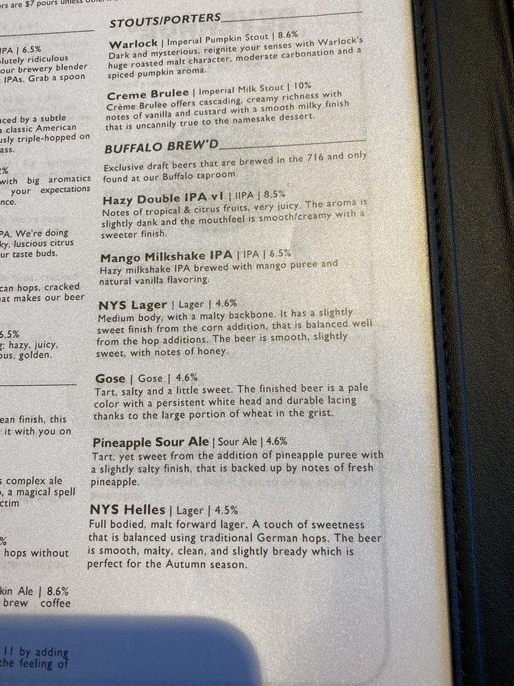 Menu at Southern Tier Brewery Buffalo restaurant, Buffalo