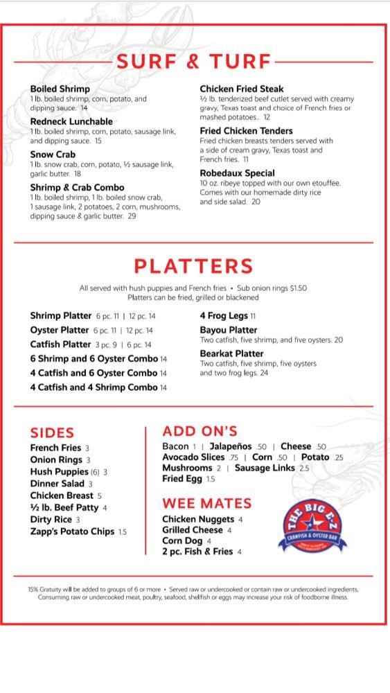 Menu at The Big E-Z Crawfish & Oyster Bar, Huntsville