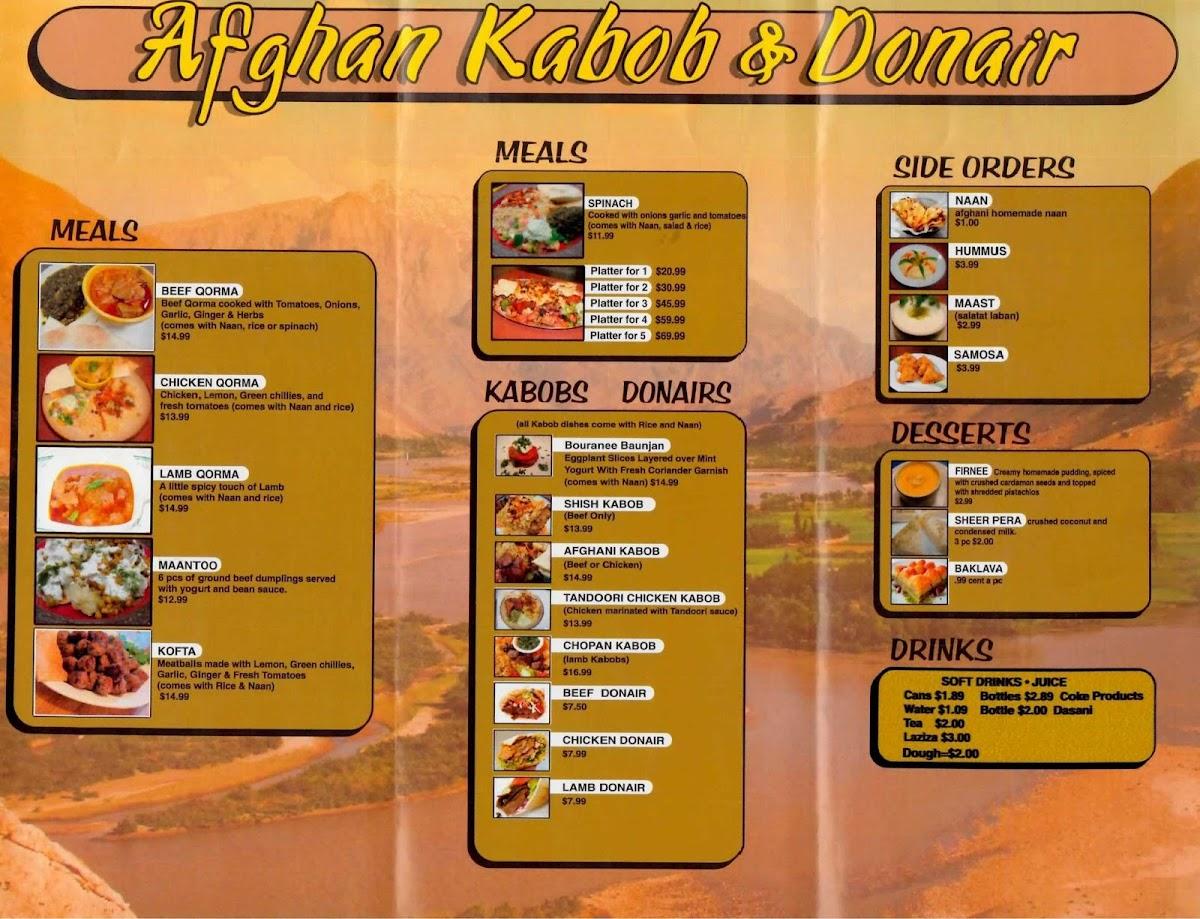 Menu at Afghan Kabob & Donair restaurant, Saskatoon, 100 2 Ave S #3