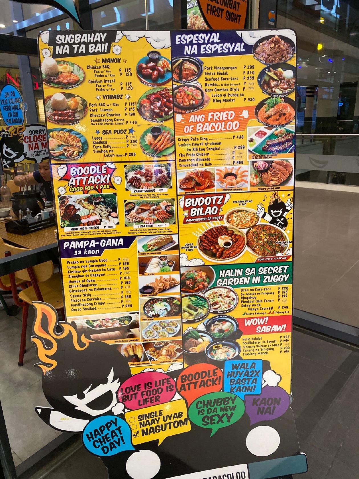 Menu at Boy Zugba restaurant, Bacolod