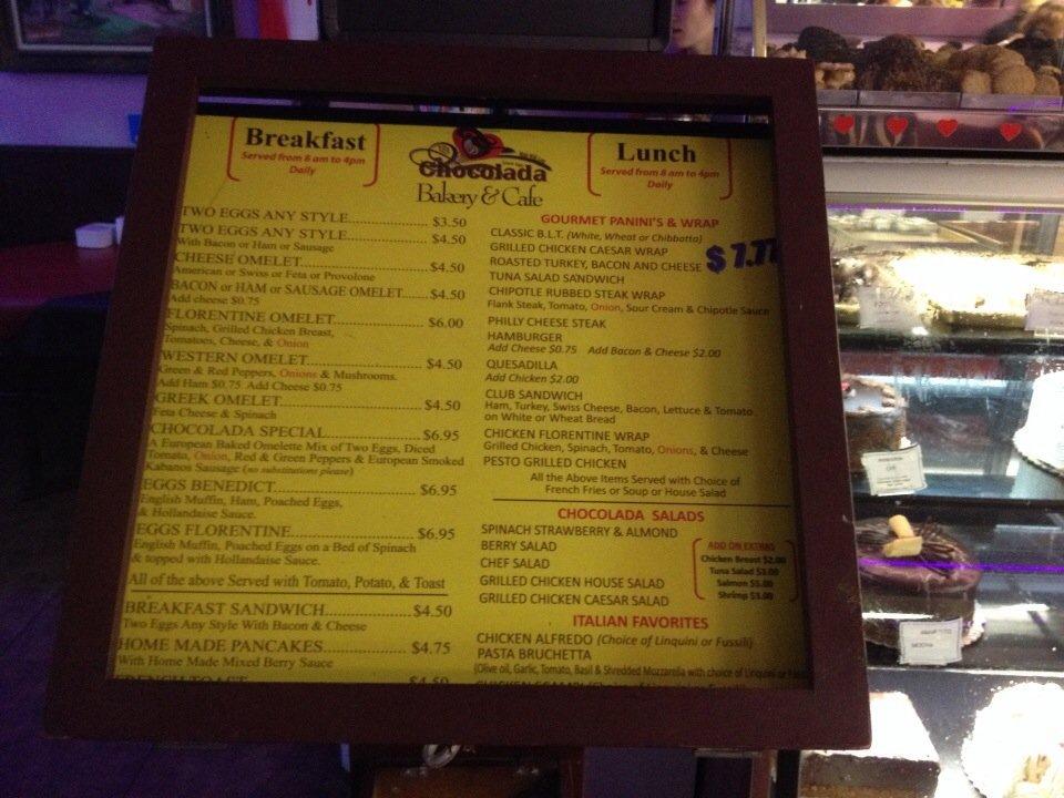 Menu at Chocolada Bakery & Cafe, Hollywood