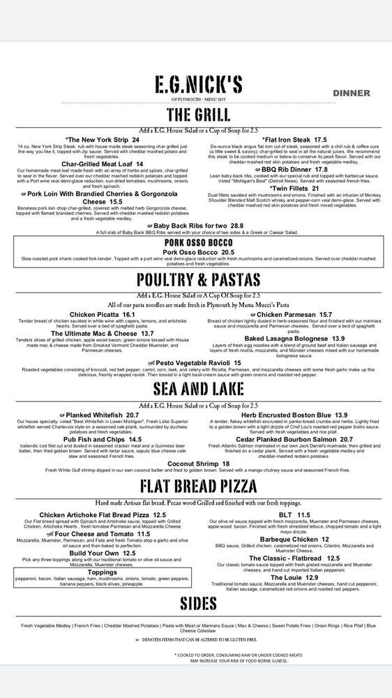 Menu at E.G. Nick's Of Downtown Plymouth pub & bar, Plymouth