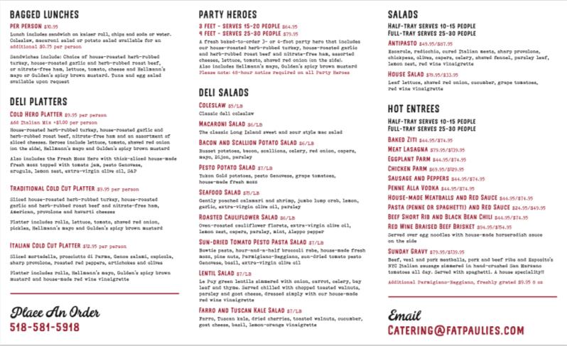 Menu at Fat Paulie's Delicatessen restaurant, Saratoga Springs