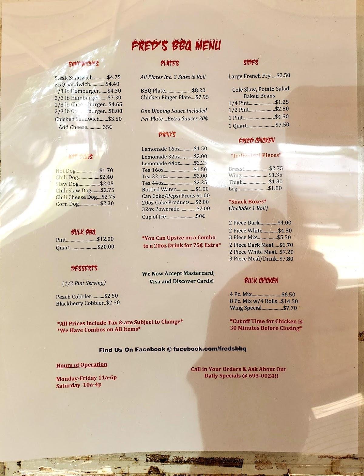 Carta de Fred's BBQ, Headland