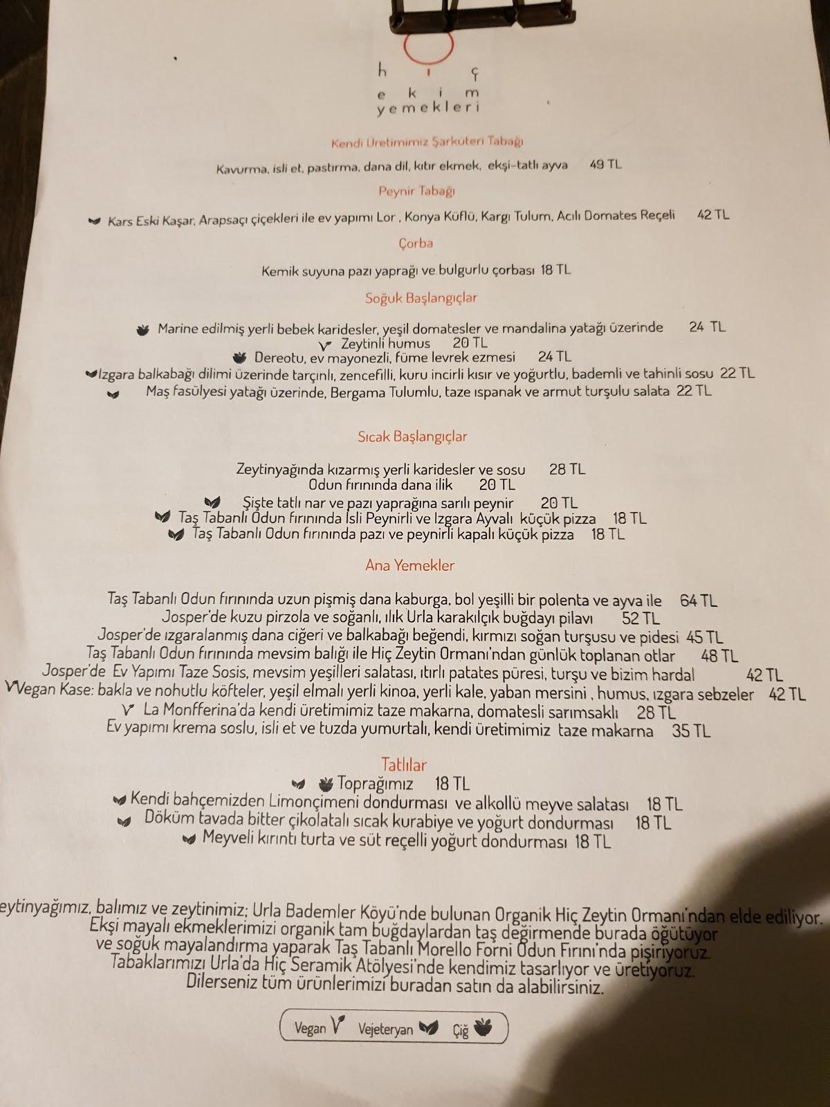 Menu at Hiç Lokanta - Urla, Urla