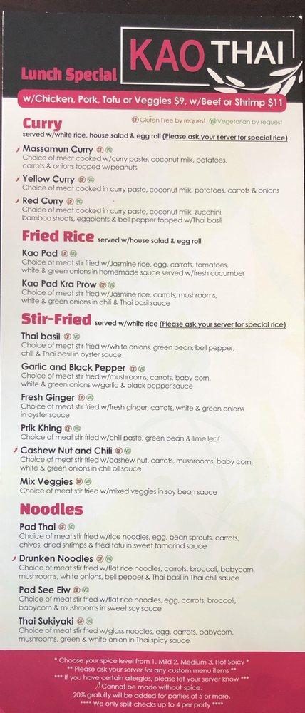 Menu at Kao Thai restaurant, Salt Lake City