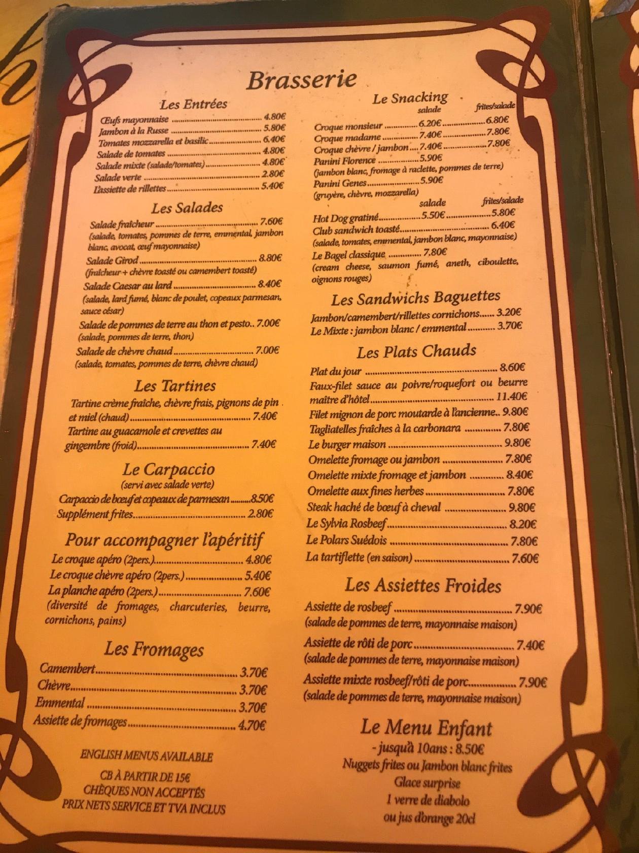 Menu au Le Sylvia pub et bar, Chantilly
