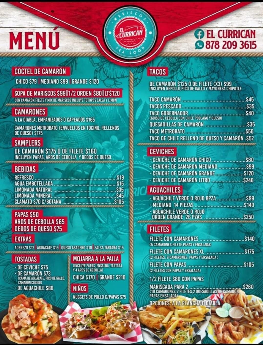 Carta del restaurante Mariscos El Currican, Piedras Negras