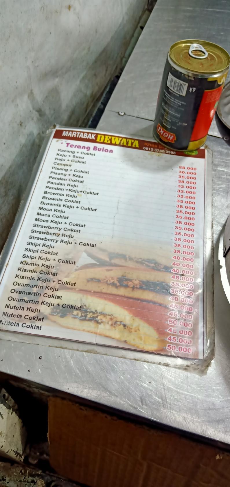 Menu at Martabak Dewata restaurant, Denpasar