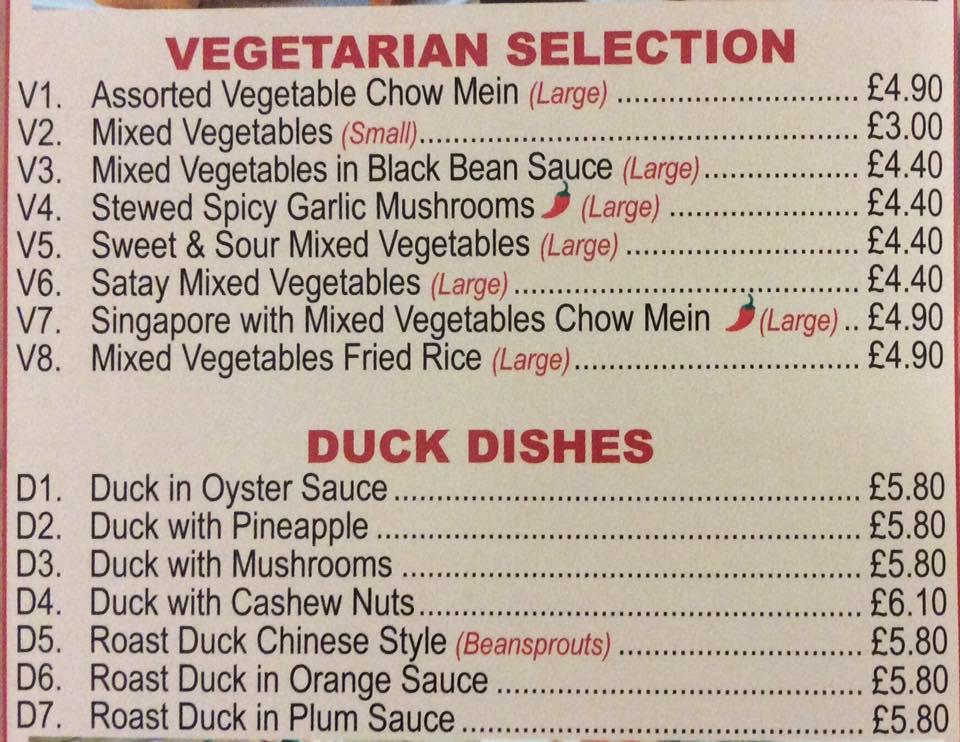 Menu at Mayfair Chinese fast food, Coventry
