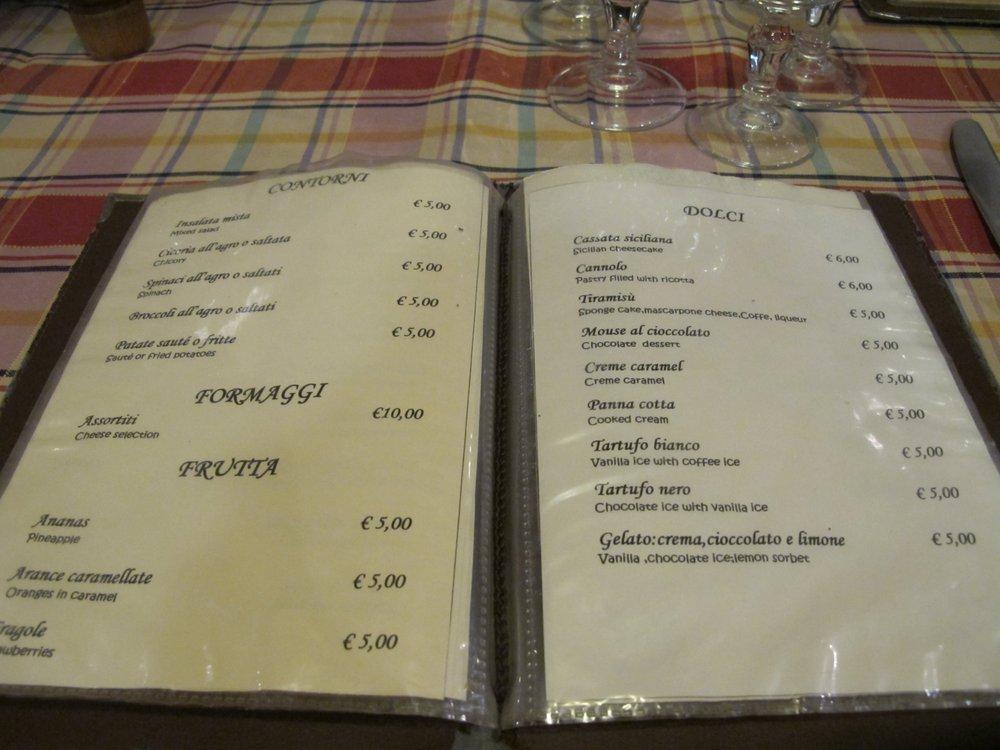 Menu at Melo restaurant, Rome