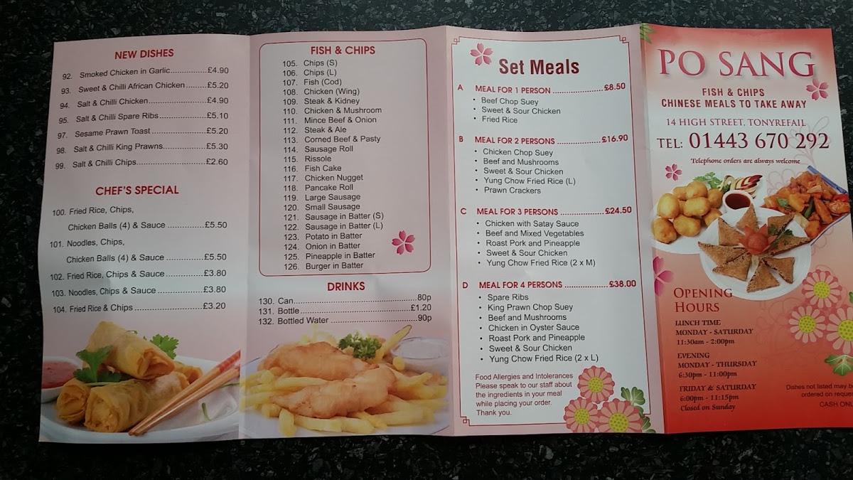 Menu at Po Sang fast food, Porth
